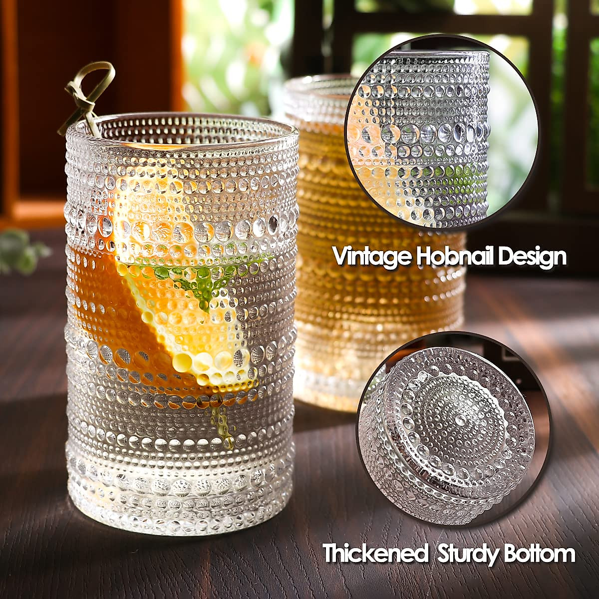 Swetwiny 4 Pack Hobnail Drinking Glasses, 12 Ounce Vintage Drinking Glasses, Old Fashioned Glassware Highball Glasses Water Glasses for Cocktail Whiskey Bear Coffee