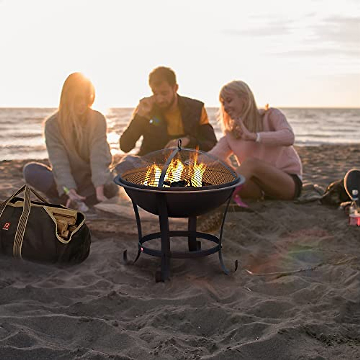 FireBeauty Fire Pit BBQ Grill Pit Bowl with Mesh Spark Screen Cover,Poker (Includes Tote Bag)