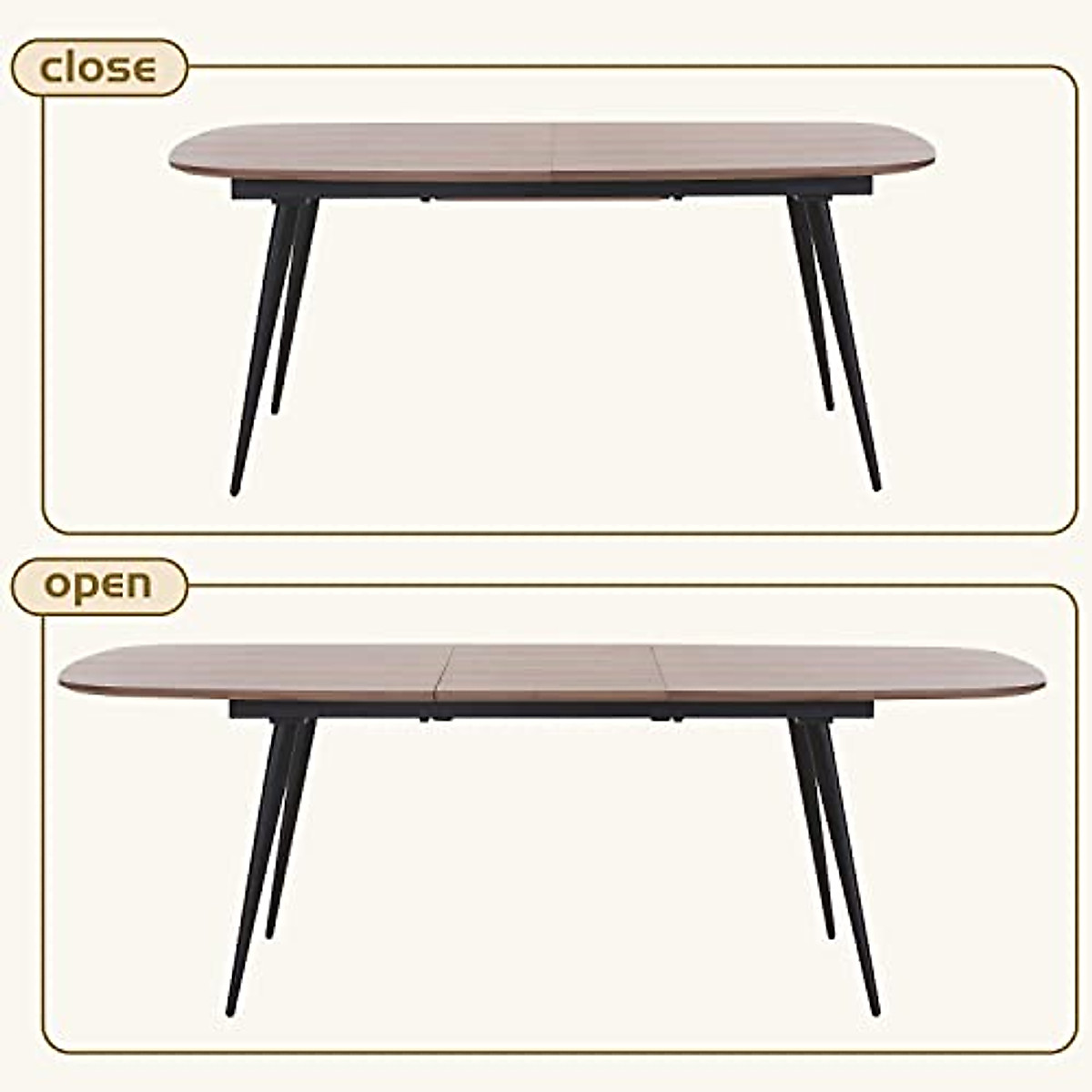 EASYTOUR Extendable Dining Table, 8-Person Mid Century Kitchen Table, Wooden Oval Extension Dinner Table with Sturdy Metal Frame, Space Saving, Easy Assembly, 90”x41”x29.3” (Brown)