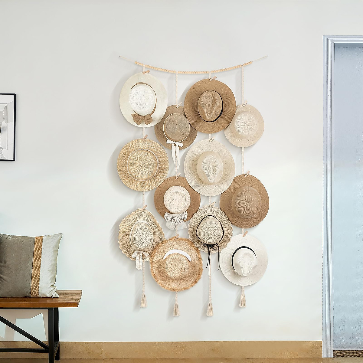Mkono Hat Rack Hat Hangers for Wall Boho Macrame Hat Holder with Decorative Tassels and 18 Clips Modern Cowboy Womens Caps Storage Display Organizer for Wide Brim Bowler Fedora Hat