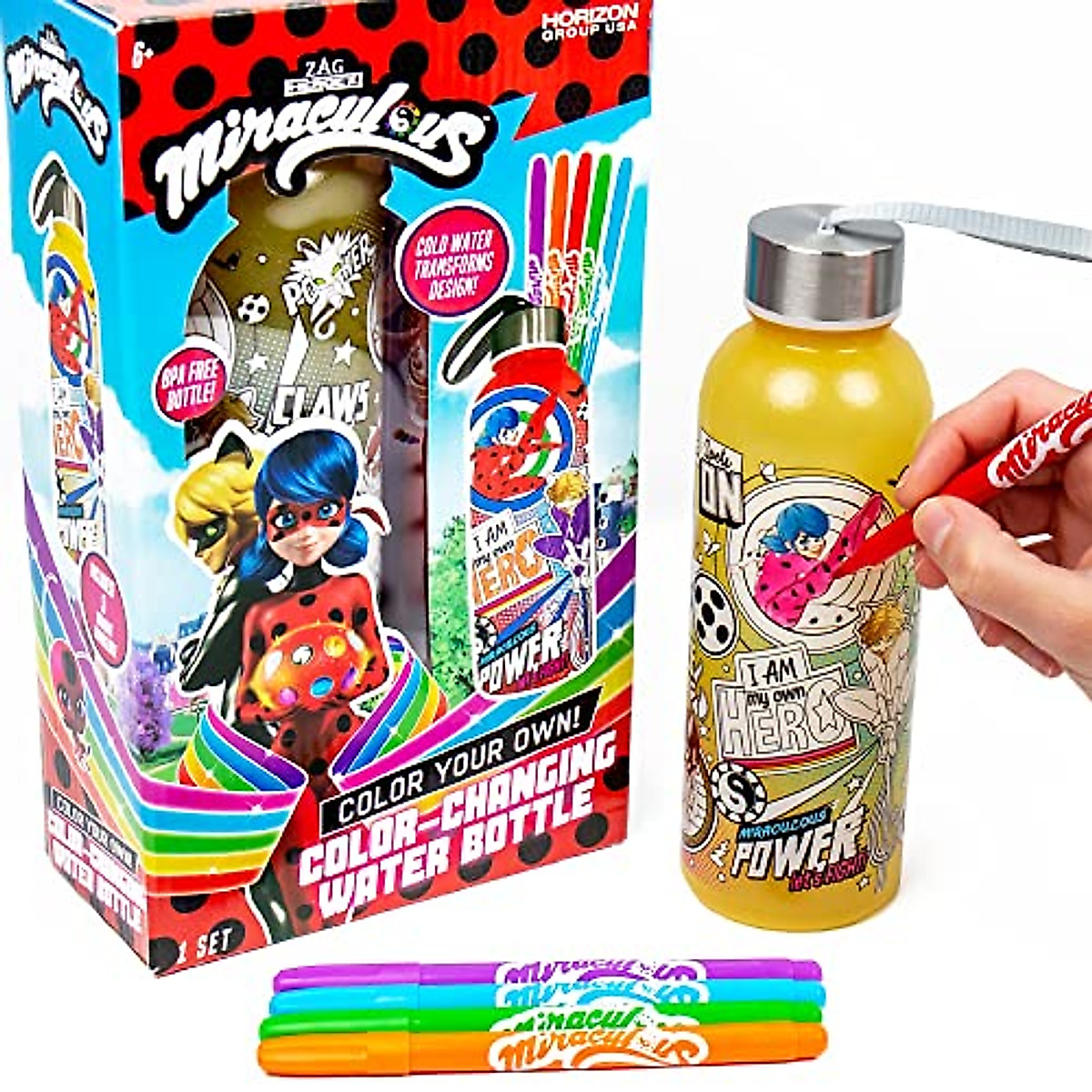 Miraculous Create Your Own Color-Changing Water Bottle, Color Your Own Water Bottle, Great For Travel & Road Trips, Sports & School, Creative Gift Idea, Arts & Crafts Activity Kids Ages 6, 7, 8, 9, 10