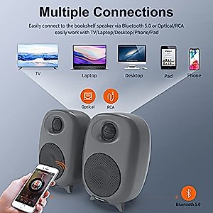 BESTISAN 50 Watt Powered Bookshelf Speakers with Bluetooth 5.0 and Wired Optical RCA Input Port, Bass and Treble Adjustable, Deep Bass, 3 Audio Mode Design, Remote Control