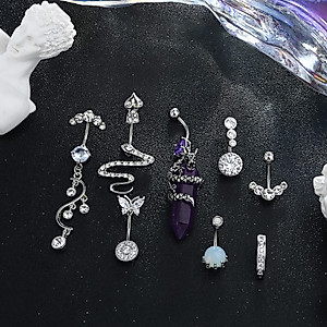 THUNARAZ 14G Clicker Belly Button Rings Surgical Steel Sparkled CZ Opal Belly Button Piercing Dangling Snake Evil Eye Butterfly Belly Ring for Women Sexy Reverse Navel Belly Piercing Jewelry