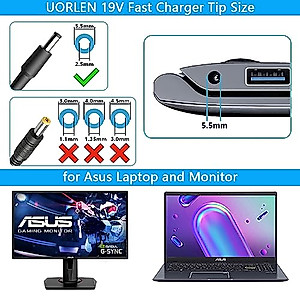 UL-Listed 19V Power Cord for Asus Monitor 22'' 23'' 24'' 27'' VG278 VG278Q VG279 VG279Q VG279QR VG245 VG245H VG248QE VG248QG VG275Q VG258QM VG248QG LED LCD TUF Gaming Display, 19Volt Laptop Charger