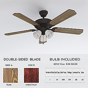 Inlight 52 Inch Indoor Ceiling Fan with 3 Lights and Pull Chain Control, Home Decor Ceiling Fan, Oil Rubber Bronze Reversible Motor, 5 Blades Low Profile Ceiling fan for Bedroom, 120V, IN-0702-2-BZ