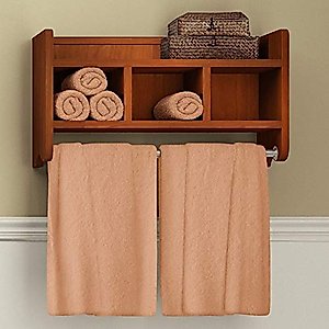 Alaterre Furniture Logan Bath Storage Shelf with Two Towel Rods, 25", Chestnut