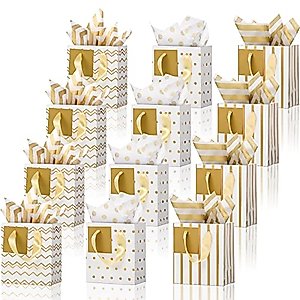 12 Pcs Small Gift Bags Mini Metallic Paper Bags with Handle Tag and Tissue, Wrap Bag for Birthday Wedding Christmas Holiday Baby Shower, 4 x 2.8 x 4.5 Inch (White Gold)