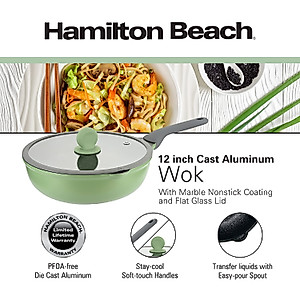 Hamilton Beach 5.5 Quart Dutch Oven Green with Marble Nonstick Coating,Die-Cast Aluminum Dutch Oven Pot Induction bottom, Gray Soft Touch Handle, Glass Lid with Silicone Rim for Cooking