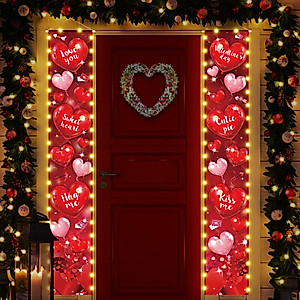 Tatuo Valentines Day Lighted Porch Signs 71 x 12 Inch Valentines Door Banner Polyester Valentines Day Porch Decor for Home Indoor Outdoor Porch Door Wall Decoration (Red, Heart Balloon, with Lights)