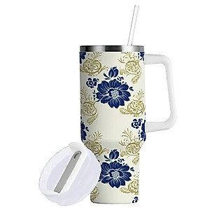 RPLIFE Blue and White Floral Tumbler Cup, Stainless Water Bottle, Water Tumbler with Straw