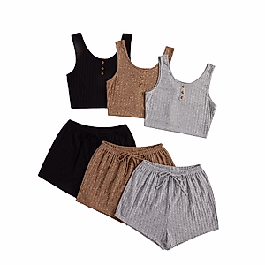 SOLY HUX Womens Pajamas Lounge Set 3 Sets Sleepwear Rib Knit Crop Tank Top and Shorts PJ Summer Outfits Multi XL