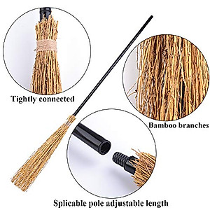 URATOT 3 Pieces Halloween Witch Broom Props Thatch Bamboo Witch Broomstick Retractable Straw Bamboo Witch Broom Party Decoration for Halloween Cosplay Favors