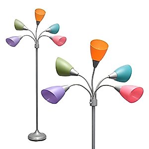 Simple Designs LF2006-SLM 67" Contemporary Multi Head Medusa 5 Light Adjustable Gooseneck Silver Floor Lamp with Fun Light Multicolored Shades for Kids Bedroom Playroom Living Room Office