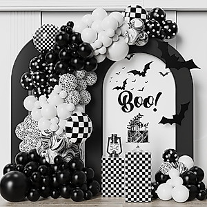 137PCS Black and White Balloon Garland Arch Kit,Agate Marble Polka Dot Balloons Checkered Racing Mylar Balloon for Halloween Race Car Theme Birthday Bachelorette Retirement Graduation Party Decor