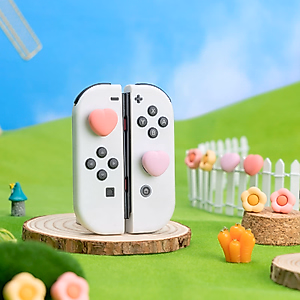 GeekShare Silicone Joycon Thumb Grip Caps, Joystick Cover Compatible with Nintendo Switch/OLED/Switch Lite,4PCS - Heart & Flower (Pink&Yellow)