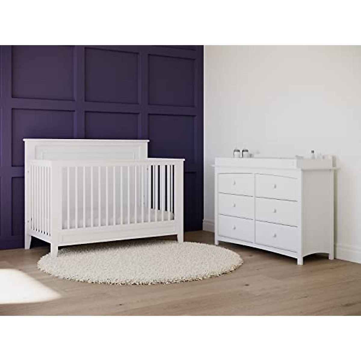 Storkcraft Solstice 5-In-1 Convertible Crib (White) – GREENGUARD Gold Certified, Converts to Toddler Bed and Full-Size Bed, Fits Standard Full-Size Crib Mattress, Adjustable Mattress Support Base