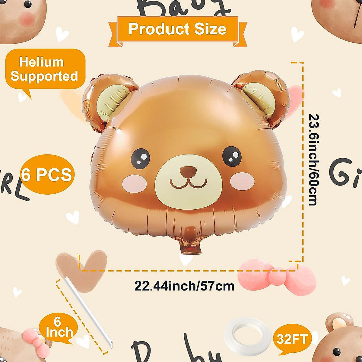 6-Pack 22-Inch Bear Head Aluminum Foil Balloons - Brown Bear Shaped Mylar Balloons for Jungle Woodland Animal Farm Safari Theme Party Decorations, Baby Shower, Gender Reveal and Birthday Supplies