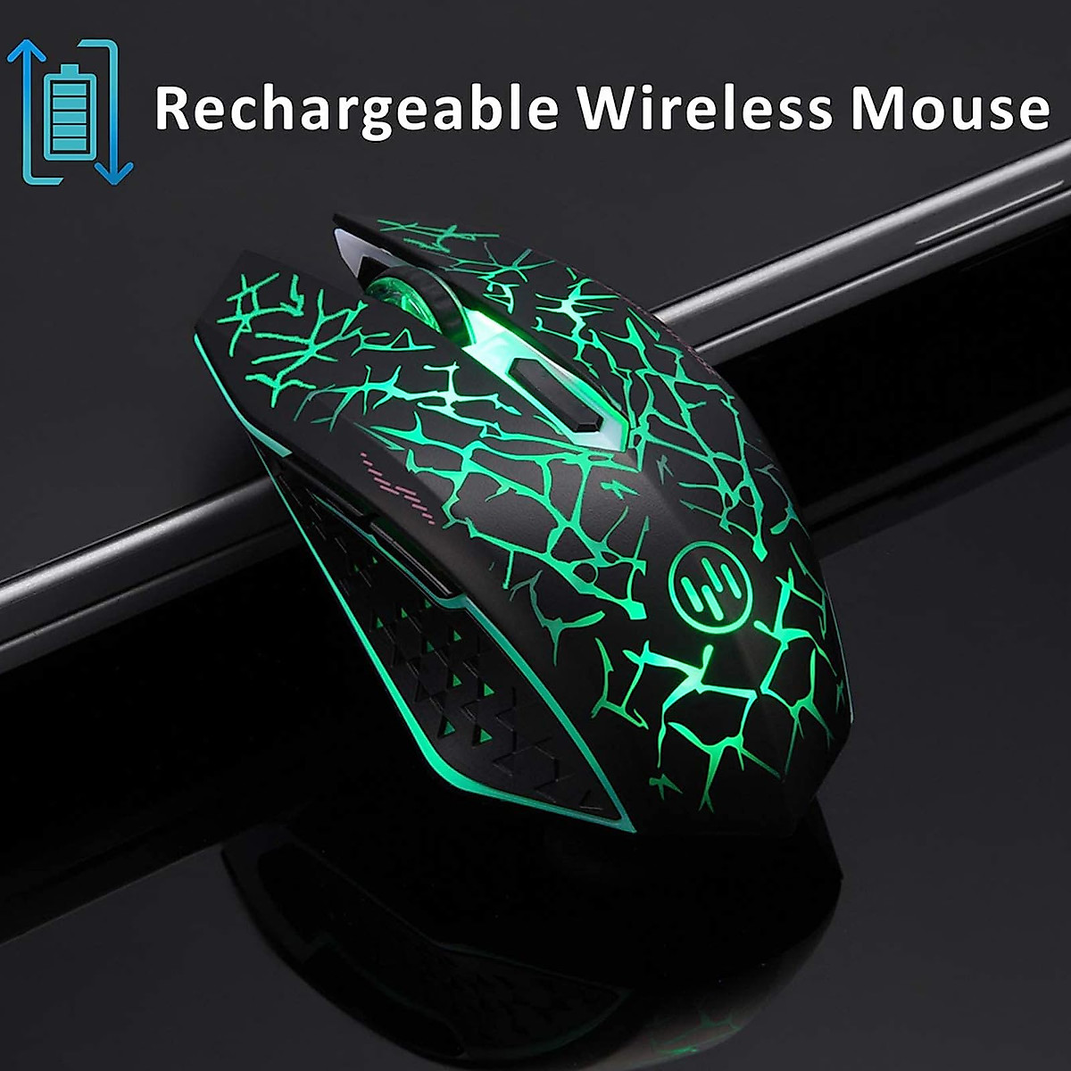 TENMOS K6 Wireless Gaming Mouse, Rechargeable Silent LED Optical Computer Mice with USB Receiver, 3 Adjustable DPI level and 6 Buttons, Auto Sleeping Compatible Laptop/PC/Notebook (green light)