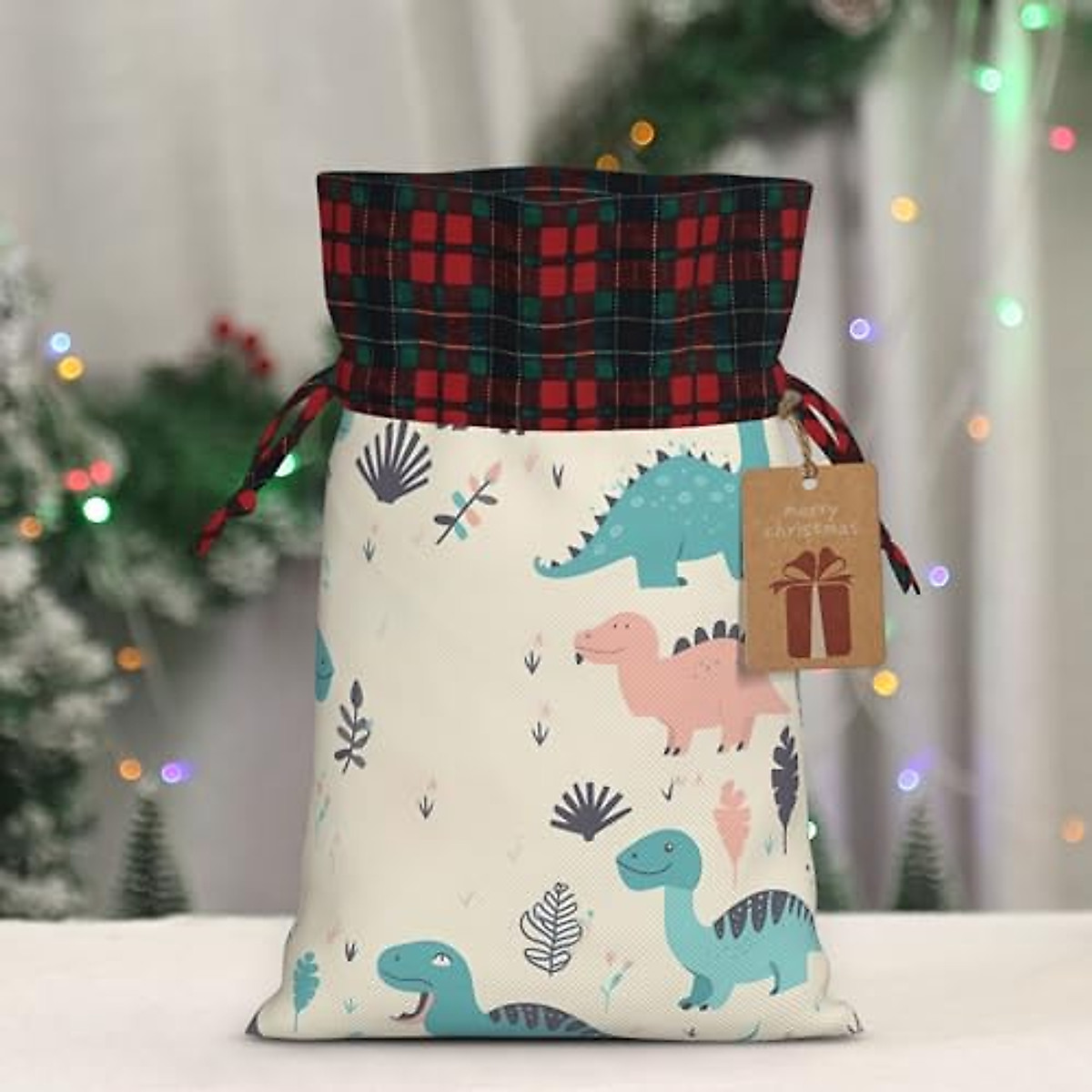 Christmas Gift Bags with Drawstring Burlap Gift Bags Adorable Dinosaur Christmas Linen Bags for Xmas Party Candy Bags with Cards Xmas Reusable Wrapping Bags Christmas Linen Treat Bags for Holiday