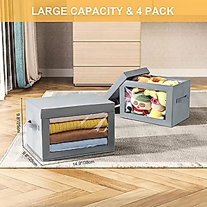 DIMJ Storage Bins with Lids, Foldable Sorage Bin for Closet, Storage Baskets with Window, Fabric Storage Bins with Handle for Clothes, Books, Baby items (Grey, Set of 4)