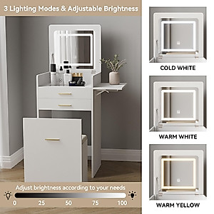 ARTETHYS Small Vanity Desk Set with Flip-top Mirror and Lights White Integrated Makeup Table for Small Space Compact Mini Dressing Table with Fold-up Panel and Storage Chair for Bedroom