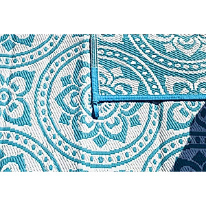 Stylish Camping 255083 5-feet by 8-feet Reversible Mat, Plastic Straw Rug, Large Floor Mat for Outdoors, RV, Patio, Backyard, Picnic, Beach, Camping - Leaf Mat (Turquoise/White)