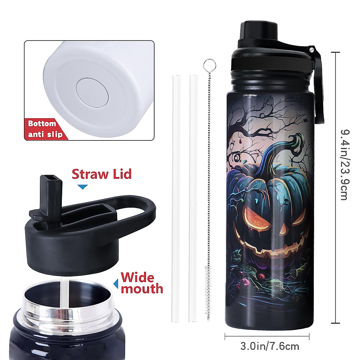 Water Bottle with Spooky Pumpkin Grimace - 24 oz Insulated Cups with Straws and 4 Lids,Halloween Tumbler Gifts for Friends Kids