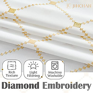 jinchan Tie Up Valance Curtain with Diamond Embroidery 45 Inch Geometric Valance Rod Pocket Adjustable Tie-up Shade Valance Window Treatments for Living Room Kitchen Light Filtering 1 Panel Gold