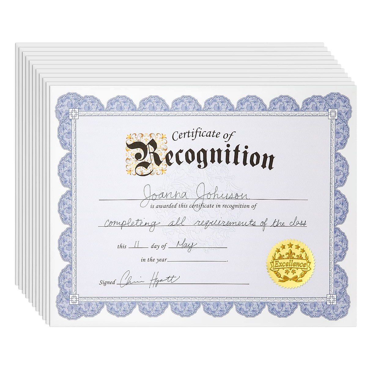 48 Sheets Blue Certificate of Recognition Award Paper with Gold Foil Sticker Seals for Graduation Diploma, Achievements (8.5 x 11 in)