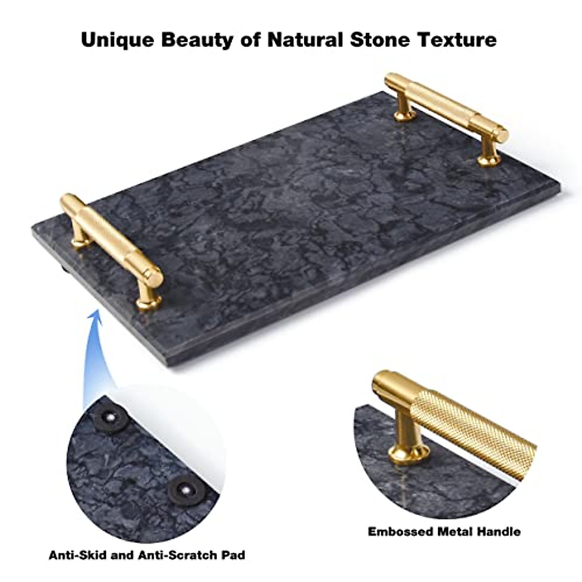 Kisspring Natural Marble Tray with Golden Embossed Handle,Stone Bathroom Tray, Decorative Tray with Metal Handle for Bathroom Kitchen Vanity Dresser Nightstand Desk, (White)