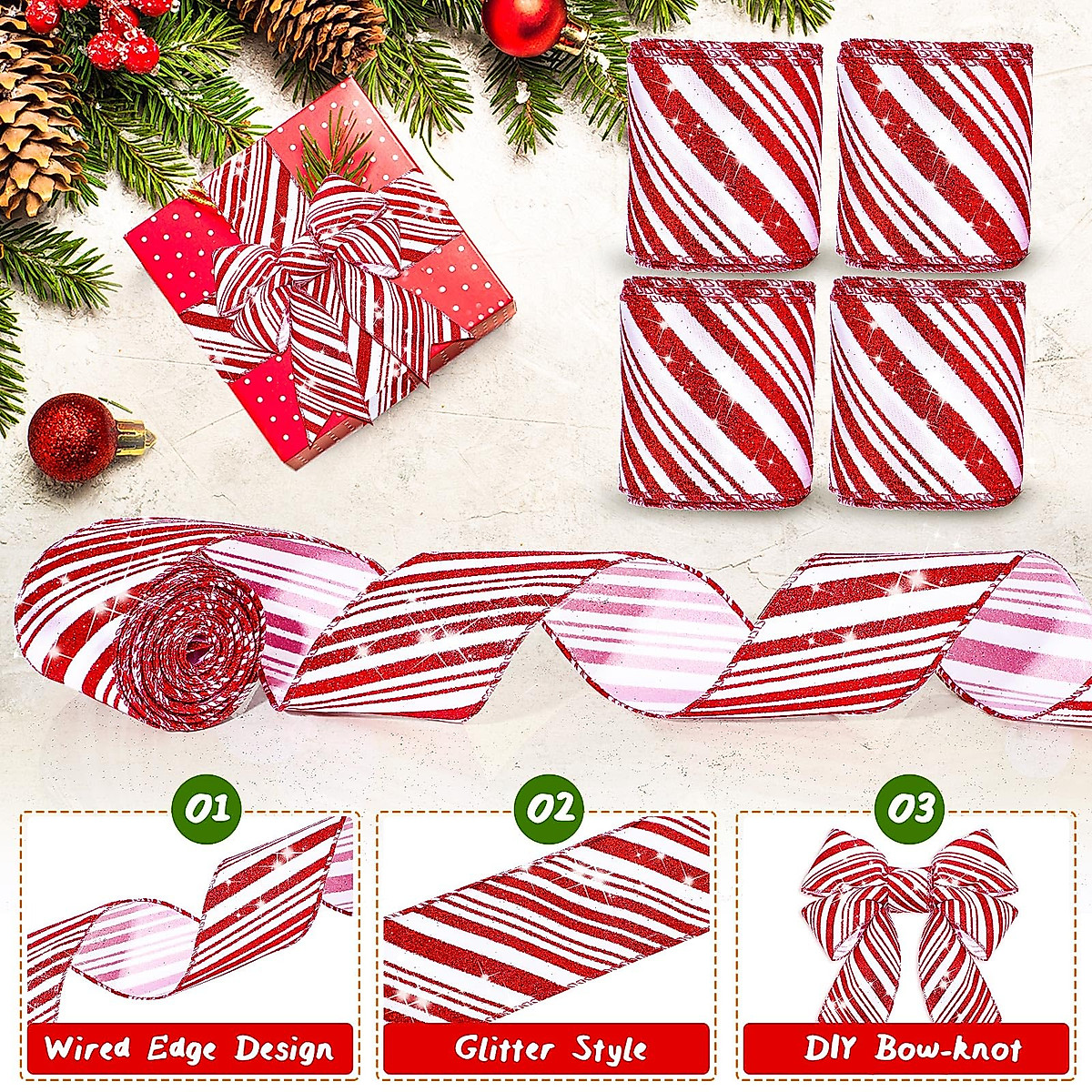 Kosiz 4 Rolls 40 Yards Christmas Wired Edge Ribbons 2.5 Inch Red and White Stripes Ribbon Candy Cane Glitter Ribbons Gift Wrapping Ribbon DIY Craft Ribbons for Xmas Tree Birthday Party Decorations