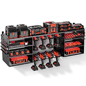 POKIPO Upgrade Large Power Tool Organizer Wall Mount,Cordless Tool Storage Rack with 8 Drill Holder,4 Layer Heavy Duty Metal Loads 400lbs Power Tools Battery Utility Shelve for Garage and Workbench
