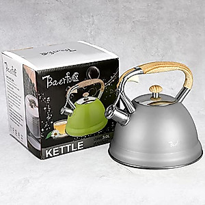 BAERFO 3.17 QT Stove Top Whistling Tea Kettle,Stainless Steel Teakettle,Teapot for Stove with Premium Zinc Alloy Silicone Grip(Silver)