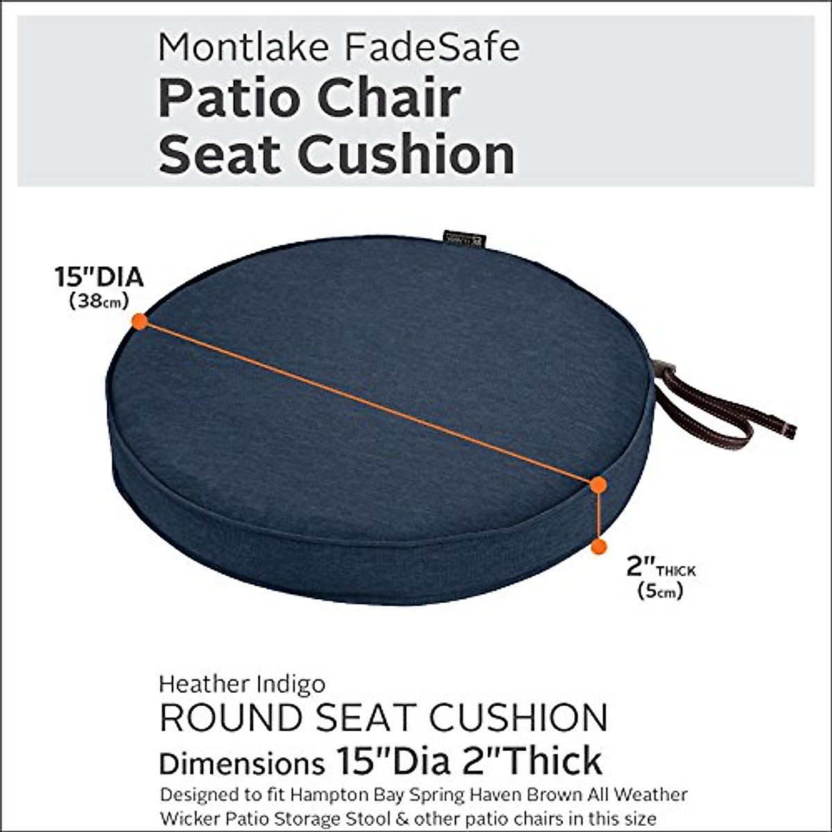 Classic Accessories Montlake FadeSafe Water-Resistant 15 Dia x 2 Inch Patio Dining Seat Cushion, Heather Indigo Blue, Patio Furniture Cushions