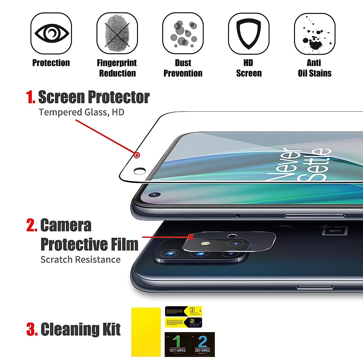 Jusy 3p Oneplus Nord N10 5G Case & Tempered Glass Screen Protector & Camera Protector for 1+ Nord N10, Protective Case with Rotate Holder Kickstand and Magnetic Plate for Oneplus Nord N10 (Navy)
