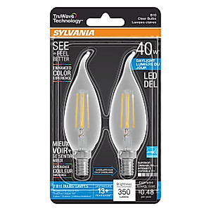 SYLVANIA LED TruWave Natural Series Décor B10 Light Bulb, 40W Equivalent, Efficient 4W, Candelabra Base, 350 Lumens, Dimmable, Clear 5000K, Daylight (40791), 2 Pack,Soft White