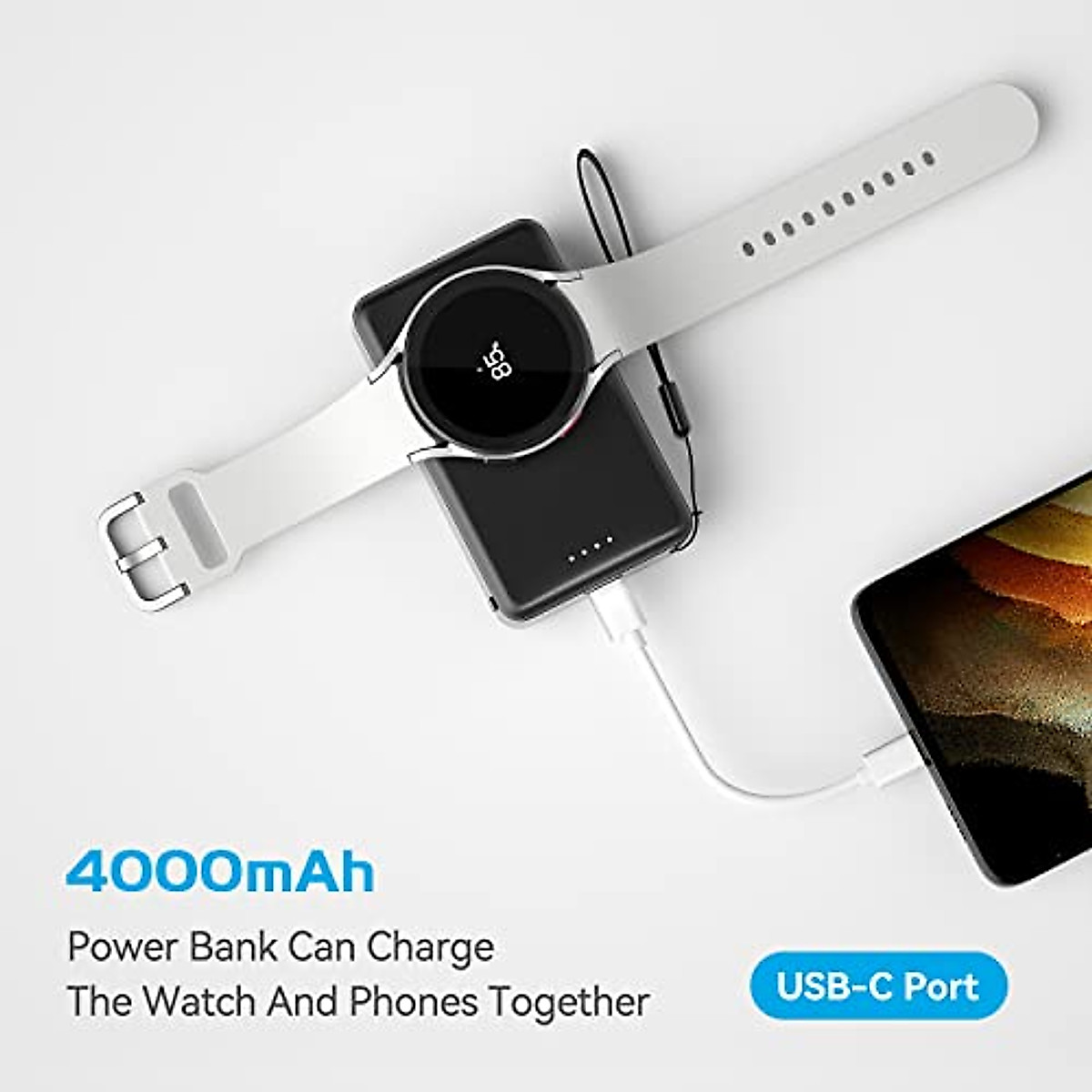 NEWDERY Portable Charger for Samsung Galaxy Watch, 4000mAh Fast Charging Wireless Power Bank with USB C Cable, Magnetic Travel Charger Stand for Samsung Galaxy Watch 4/3/Active/Active 2/Gear S3/S2