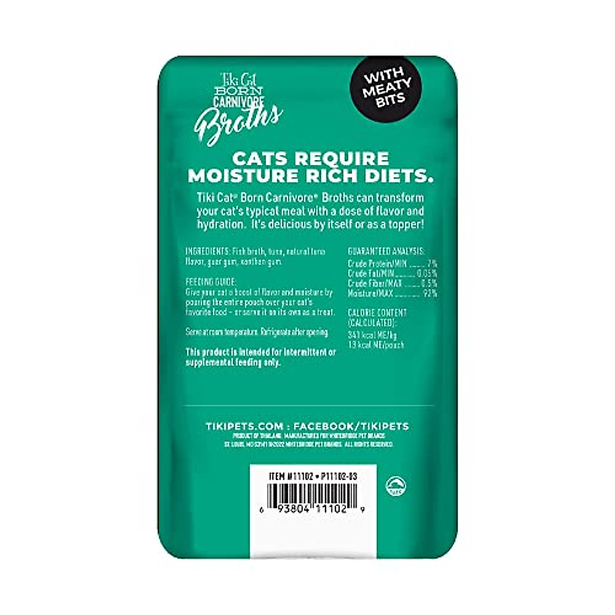 Tiki Cat Born Carnivore Broths, Tuna Recipe, Hydration and Flavor Supplement Cat Food Topper, 1.3 oz. Pouch (Pack of 12)