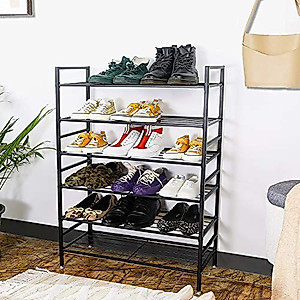 homtuzan Stackable Shoes Rack Storage Shelf- 3-tier or 6 tier Large Wire Grid Shoe Rack Organizer, Metal Space Saving Shoe Shelf, Expandable & Adjustable Shoe Shelf (Black, 3 tier)
