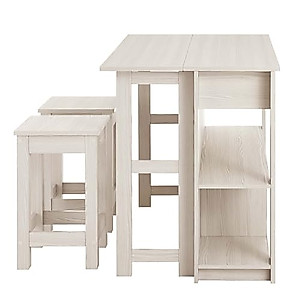 Modway Meadowbrook 3-Piece Kitchen Island with Seating and Drop-Leaf Table in White Maple - Freestanding and Small Space Kitchen Cart with Storage, Includes 2 Stools