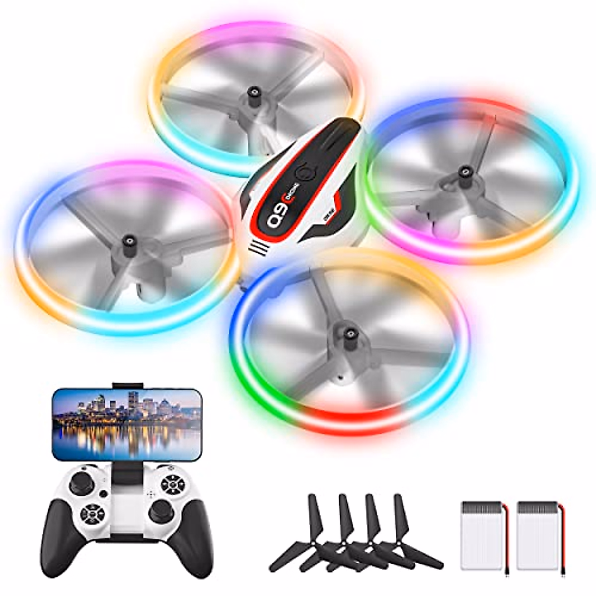 Q9C RC Drone with 720P HD FPV Camera for Kids and Adults Cool Toys Gifts for Boys Girls Teenage with LED Light,Propeller Full Protect,Hobby Quadcopter with Altitude Hold,2 Batteries and Remote Control,Easy to Fly