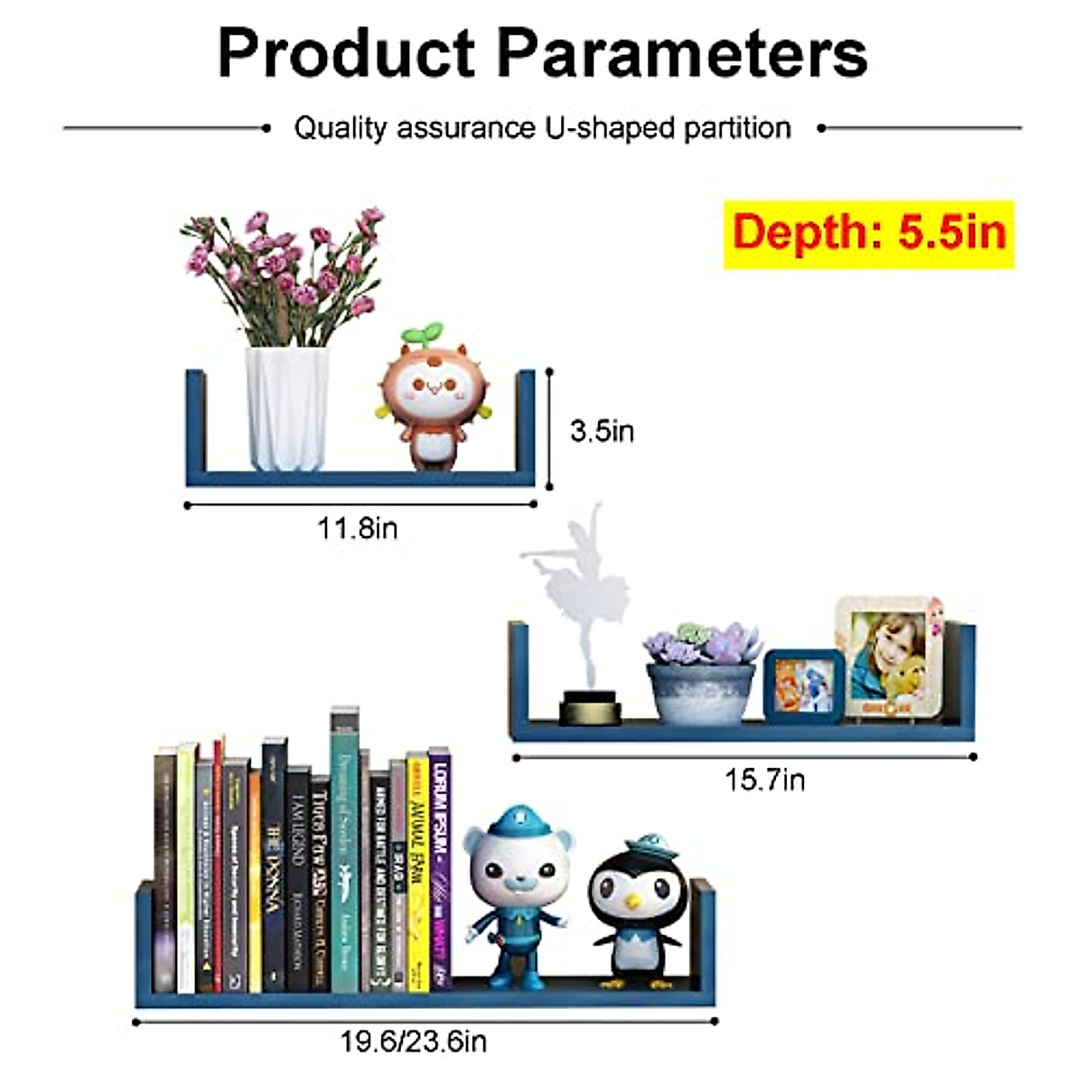 JDMTM Floating Shelves Floating Shelves Wall Mounted Set of 3 Rustic Wood Shelves for Wall Storage for Bedroom Bathroom Living Room Kitchen Laundry Room Storage & Decoration 11.8in，15.7in，23.6in Blue