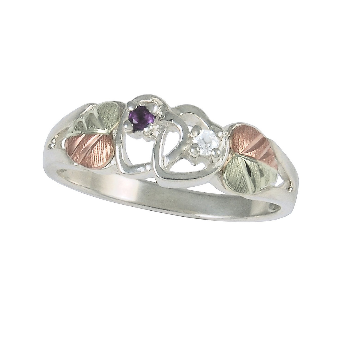 Amethyst and Diamond Double Hearts Ring, Sterling Silver, 12k Green and Rose Gold Black Hills Gold Motif, Size 7.25