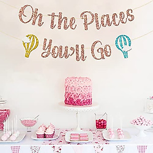 MonMon & Craft Oh The Places You'll Go Banner/Retirement Sign/Graduation Banner Decor/Travel Theme Party Decorations Rose Gold Glitter