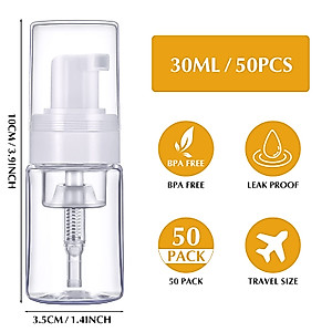 50 Pack Foam Pump Bottle 1oz/ 30ml Refillable Dispenser Travel Size Plastic Mini Foam Pump Bottle Lash Shampoo Bottles Portable Clear Mini Foaming Bottle for Shampoo Cleaning Lash Cosmetics Packaging