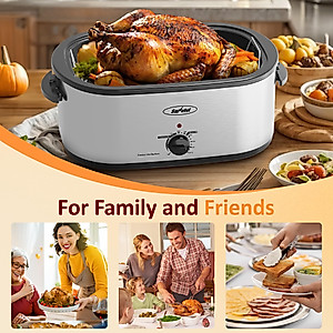 Sunvivi 26 Quart Roaster Oven, Electric Roaster Oven with Glass Lid, Turkey Roaster Oven Buffet with Self-Basting Lid, Removable Pan, Cool-Touch Handles, Silver