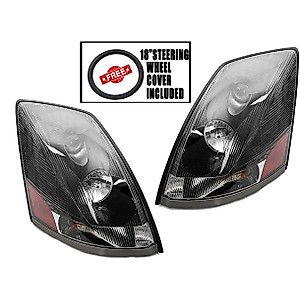 Auto Parts Avenue Replacement Headlight Black for 2004-2018 04-18 VN VNM VNL 200 300 430 630 670 730 780 Pair Passenger Right RH Driver Left LH Side with Free 18" Steering Wheel Cover