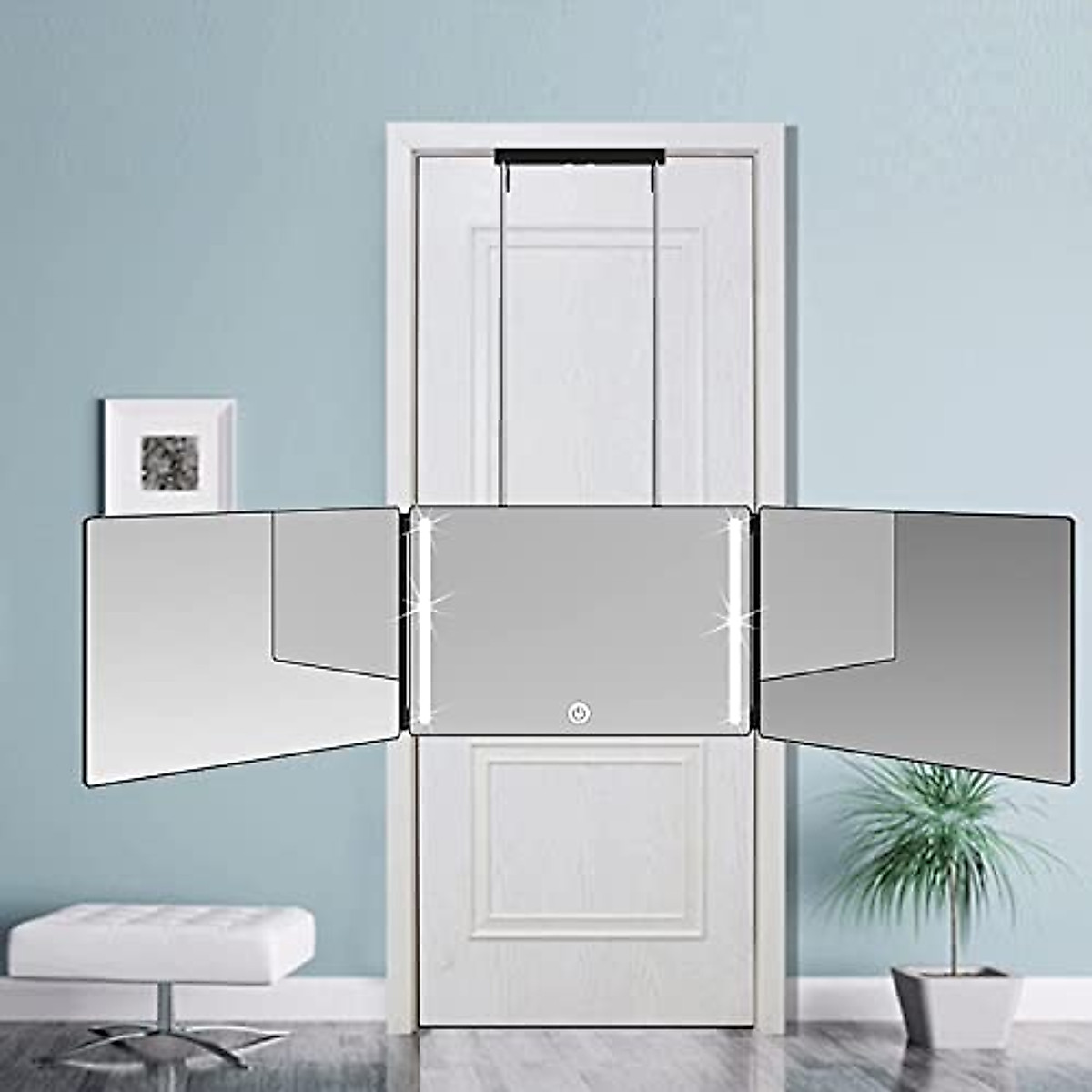 angilifan 3 Way Mirror for Hair Cutting, 360° Illuminated Trifold Makeup Mirror for Self Hair Styling, Adjustable DIY Haircutting Tool to Trim or Shave (with led)