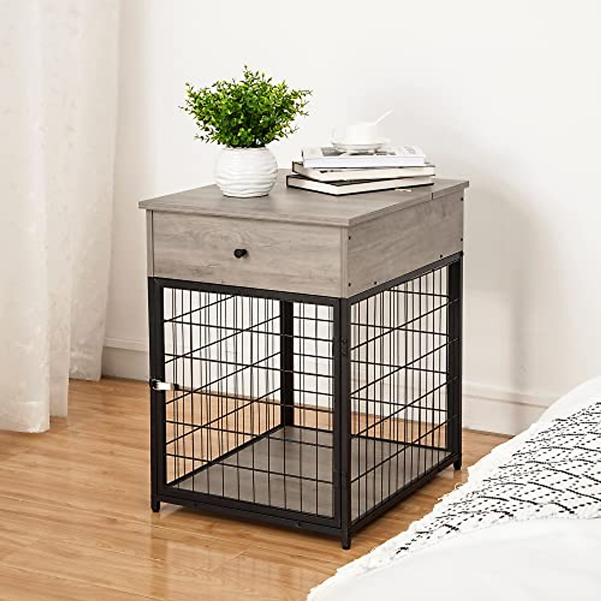 IDEALHOUSE Furniture Dog Crates, Style Wood Kennel End Table, House Indoor Use, Chew-Proof, Flip Top Storage, Casual Home Wooden Pet Crate, Crate Side Grey