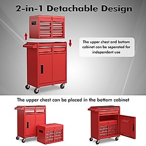 Goplus Rolling Tool Chest, 5-Drawer Tool Box Organizer w/Lockable Wheels & Sliding Drawers & Detachable Top & Adjustable Shelf, Tool Storage Cabinet for Garage Workshop (Red)